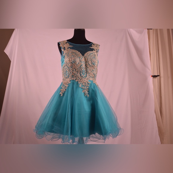 Dresses | Shear Teal Blue Tulle Homecoming Dress With Gold Accents ...